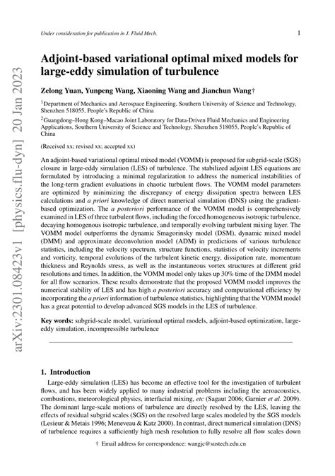 Pdf Adjoint Based Variational Optimal Mixed Models For Large Eddy Simulation Of Turbulence
