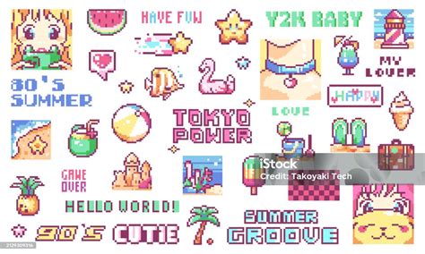 픽셀 아트 Y2k 여름 스티커 세트 여름 분위기 프린트 해변 모래 아이스크림 생선 열대 과일 및 칵테일 귀여운 소녀와 같은 8비트 복고풍 패턴 또는 아이콘 게임 장식