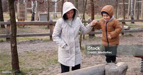 어머니는 불쾌한 가을날에 나무 놀이터에서 작은 아들과 가족 시간을 보낸다 2명에 대한 스톡 사진 및 기타 이미지 2명 가을 가족 Istock