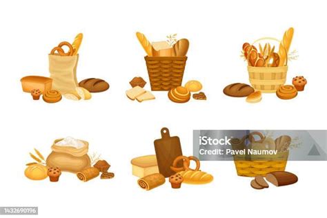 베이커리 제품 및 빵 구색 세트 덩어리와 통곡물 빵 바게트 롤빵 고리 버들 바구니의 프레첼 만화 벡터 일러스트 레이 션 가방에 대한 스톡 벡터 아트 및 기타 이미지 Istock
