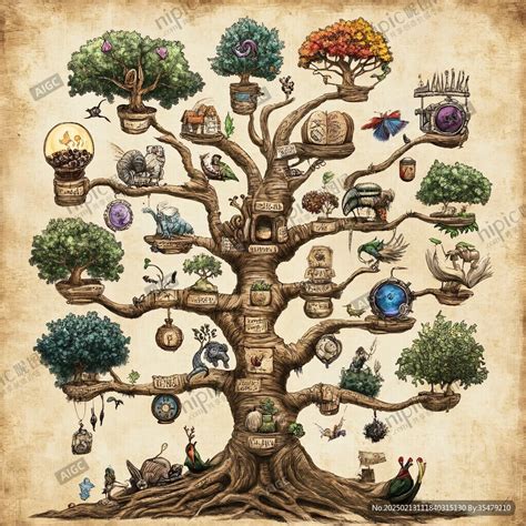Ai创作图生物进化树 世界树 艺术树图 摇钱树手绘 生命演化树 生命之树 动漫树装饰画 神树图片 奇幻树 进化树 万圣节魔幻树春节年画 仙树