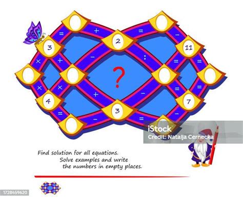 가장 똑똑한 수학 논리 퍼즐 게임 모든 방정식에 대한 해를 찾습니다 예를 풀고 빈 곳에 숫자를 씁니다 수수께끼 책 페이지입니다