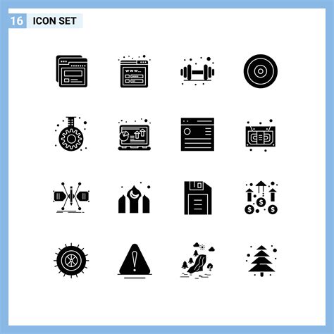 Set Of 16 Vector Solid Glyphs On Grid For Tube Flask Gym Cog Target