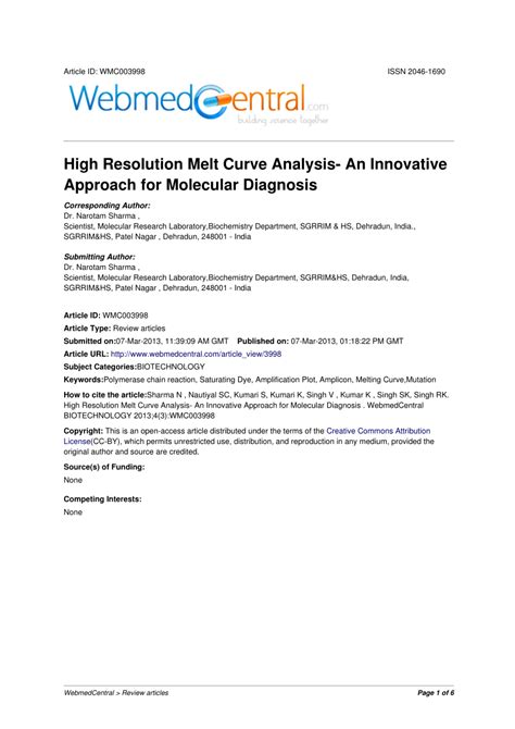 Pdf High Resolution Melt Curve Analysis An Innovative Approach For Molecular Diagnosis