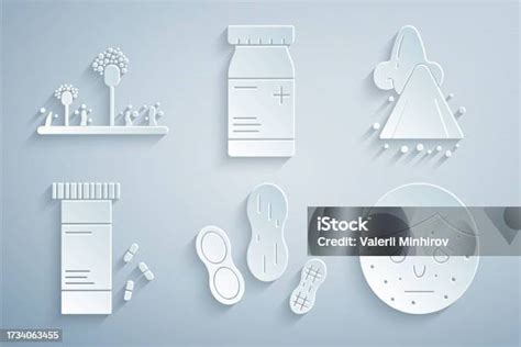 땅콩 콧물 약병 및 알약 건선 또는 습진이 있는 얼굴 곰팡이 아이콘을 설정합니다 벡터 3차원 형태에 대한 스톡 벡터 아트 및 기타 이미지 Istock