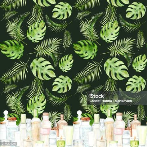 원활한 테두리와 패턴 화장품 세트 양초 나비 꽃 오일 목욕 소금 샴푸 및 양초 검은 배경에 수채화 클립 아트 파스텔 색상의 손으로 그린 그림 카드 디자인 섬유 및 스크랩북에