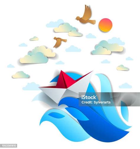 종이 접기 종이 배 장난감 바다에서 수영 파도 장난감 보트는 바다에 떠 있는 아름 다운 바다 경치의 아름 다운 벡터 일러스트 레이 션 하 고 하늘에 새 들 물 여행 여름