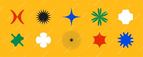 기본 기하학적 모양은 스위스 또는 바우하우스 스타일의 화려한 추상 별과 꽃 형태를 설정합니다 프리미엄 벡터