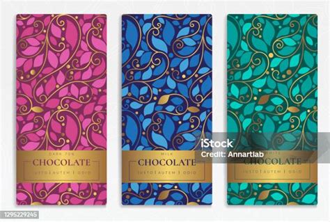 추상적인 스타일의 초콜릿 바 포장 디자인의 다채로운 세트 장식 요소와 벡터 고급 템플릿 배경 과 벽지에 사용할 수 있습니다 음식과 음료 패키지 유형에 적합합니다 0명에 대한