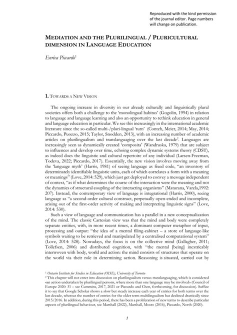 Pdf Mediation And The Plurilingual Pluricultural Dimension In Language Education