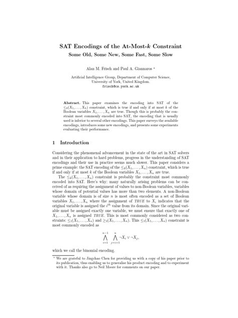 Alan M Frisch And Paul A Giannoros Sat Encodings Of The At Most K Constraint Modref 2010