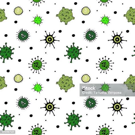 바이러스와 박테리아 낙서 녹색 패턴 원활한 배경 투명 한 배경에 미생물학 벡터 세균 성 세포 0명에 대한 스톡 벡터 아트 및