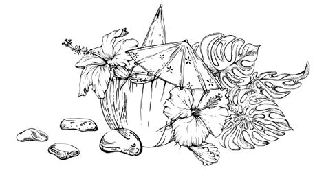 손으로 그린 벡터 잉크 구성 종이 우산 히비스커스 꽃과 코코넛 칵테일 흰색 배경에 격리 디자인 벽 예술 결혼식 인쇄 직물 표지 카드 관광 여행 책자 관광에 대한 스톡 벡터