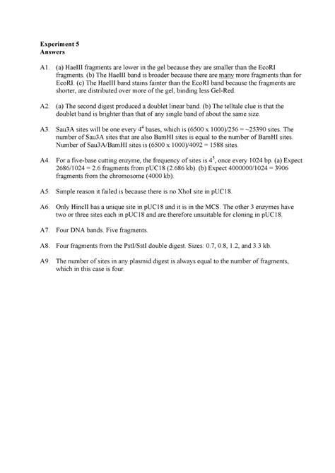 practical experiment 4 6 experiment 5 answers a1 a haeiii fragments are lower in the