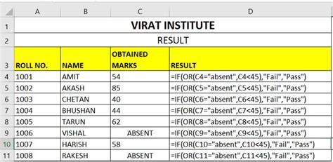 Microsoft Excel Result Sheet If Condition