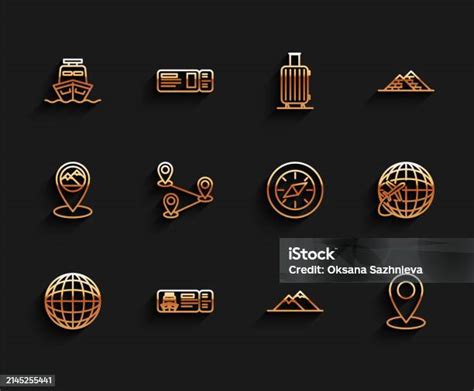 지구 지구본 선박 산 지도 핀 경로 위치 비행 비행기 및 나침반 아이콘이 있는 지구본으로 여행하기 위한 크루즈 티켓을 설정합니다 벡터 금 금속에 대한 스톡 벡터 아트 및
