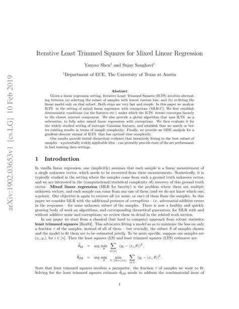 Iterative Least Trimmed Squares For Mixed Linear Regression Deepai