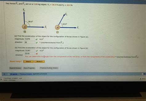 Solved Two Forces F 1 And F 2 Act On A 2 60 Kg Object F 1