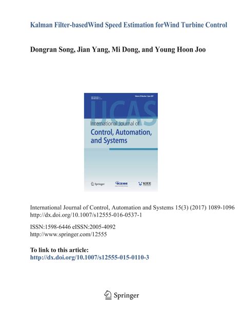 Pdf Kalman Filter Based Wind Speed Estimation For Wind Turbine Control