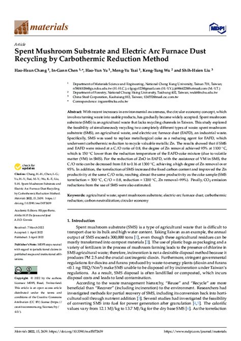 Pdf Spent Mushroom Substrate And Electric Arc Furnace Dust Recycling By Carbothermic Reduction