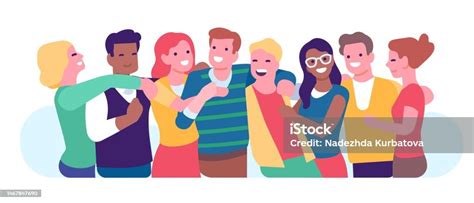 다인종 사람들 사이의 우정 포옹하는 친구 단합과 연결을 보여주는 사람 남자와 여자가 함께 서 있습니다 학생들이 포옹합니다 국제 커뮤니케이션 벡터 개념 Fashion Show