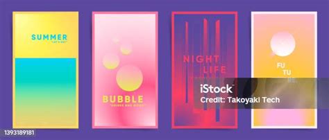 홀로그램 여름 현대 그라디언트 이야기 포스터 소셜 미디어 게시물 및 스토리 프레임을위한 커버 템플릿 디자인 세트 흐릿한 미래