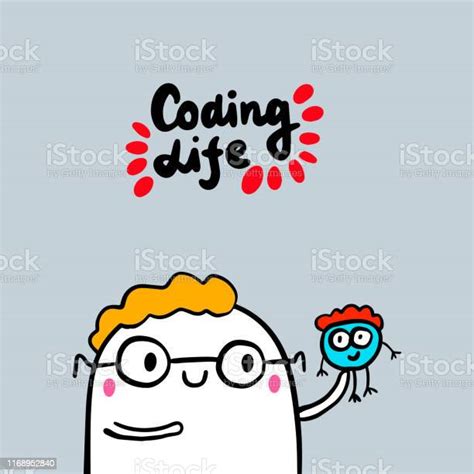 만화 스타일의 코딩 생활 손으로 그린 벡터 일러스트레이션 프로그래머를 들고 있는 남자 개념에 대한 스톡 벡터 아트 및 기타