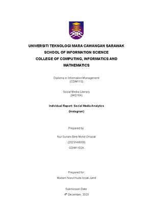 IMD 164 Group Assignment UNIVERSITI TEKNOLOGI MARA SARAWAK Babe OF INFORMATION SCIENCE