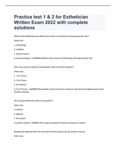 Practice Test 1 And 2 For Esthetician Written Exam 2022 With Complete Solutions Esthetician
