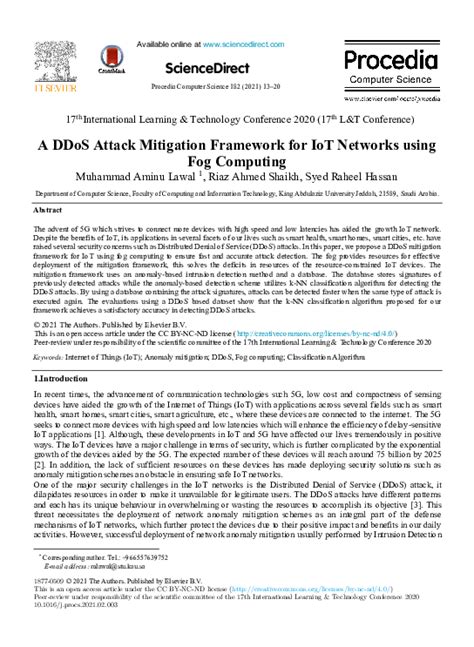 Pdf A Ddos Attack Mitigation Framework For Iot Networks Using Fog