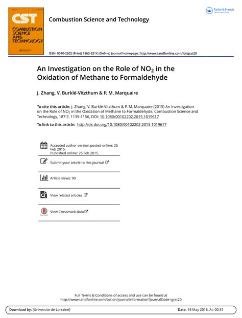Pdf An Investigation On The Role Of No 2 In The Oxidation Of Methane To Formaldehyde