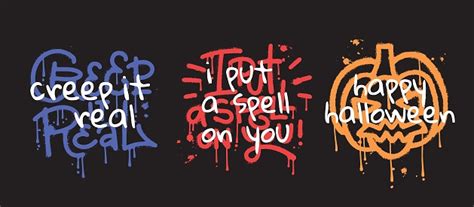 해피 할로윈을 축하하기위한 슬로건 도시 거리 낙서 레터링 따옴표 세트 그래픽 티를 인쇄합니다 검은 배경에 네온 편지 1980 년대 1990 년대 스타일의 벡터 일러스트레이션