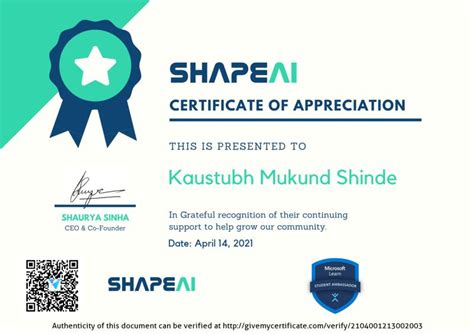 Kaustubh Shinde On Linkedin Thankyou Shapeai Certificateofappreciation