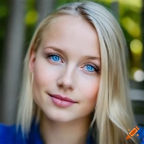 Portrait Of A Swedish Blonde Girl With Blue Eyes And Natural Smile On