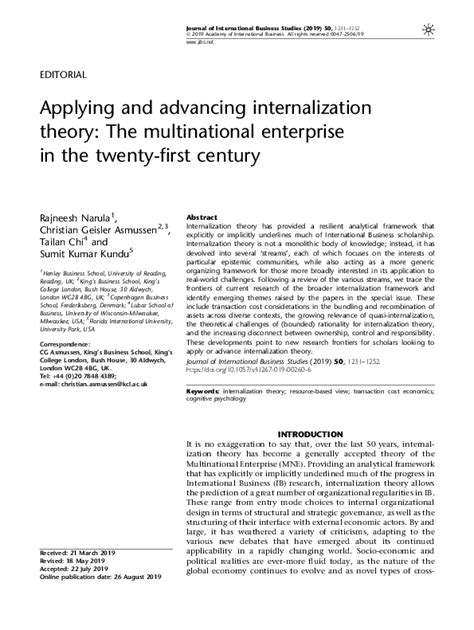 Pdf Applying And Advancing Internalization Theory The Multinational Enterprise In The Twenty