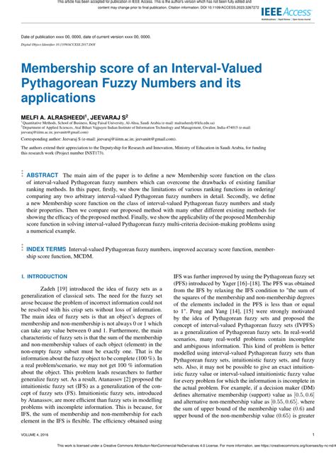 PDF Membership Score Of An Interval Valued Pythagorean Fuzzy Numbers And Its Applications
