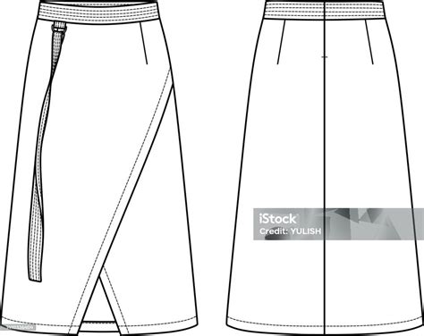 벡터는 액세서리 기술 도면 템플릿 플랫 스케치로 미디 스커트를 감쌌습니다 맥시 스커트 패션 Cad 벨트와 스티치 디테일 저지