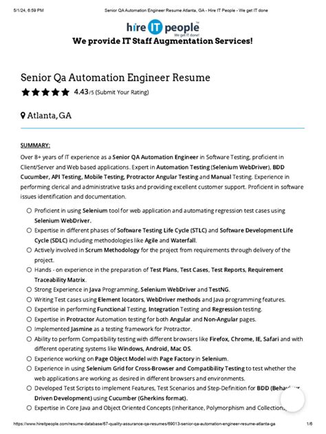 Sample Senior Qa Automation Engineer Resume Pdf Selenium