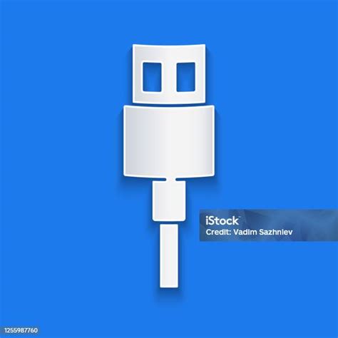 파란색 배경에 격리된 Usb 케이블 코드 아이콘을 용지 로 잘라냅니다 Pc 및 모바일 장치를 위한 커넥터 및 소켓 종이 아트 스타일 벡터 일러스트레이션 벡터에 대한 스톡