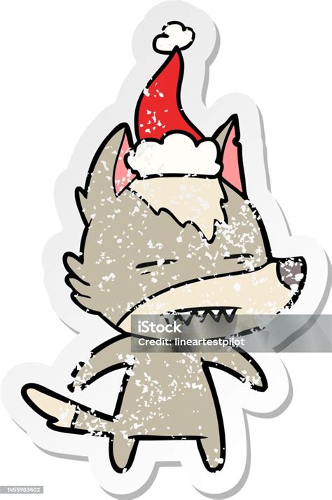 산타 모자를 쓰고 이빨을 보여주는 늑대의 손으로 그린 고민 스티커 만화 개에 대한 스톡 벡터 아트 및 기타 이미지 개 귀여운 그런지 이미지 기법 Istock