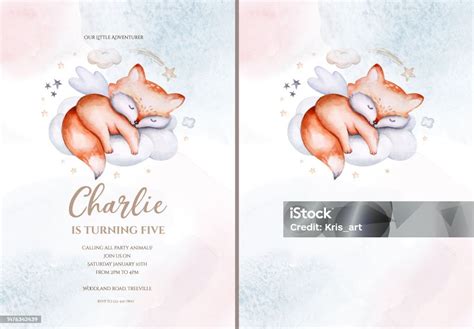 달과 구름 위에서 자고있는 귀여운 아기 여우의 수채화 손으로 그린 그림 베이비 샤워 테마 초대장 생일 템플릿 여우에 대한 스톡 벡터 아트 및 기타 이미지 Istock