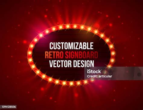 벡터 레트로 빌보드 또는 라이트 박스 일러스트 레이 션과 반짝이는 빨간색 배경에 사용자 정의 디자인 전구 프레임 또는 빈티지 밝은 간판 쇼 야간 이벤트 영화 또는 극장 광고