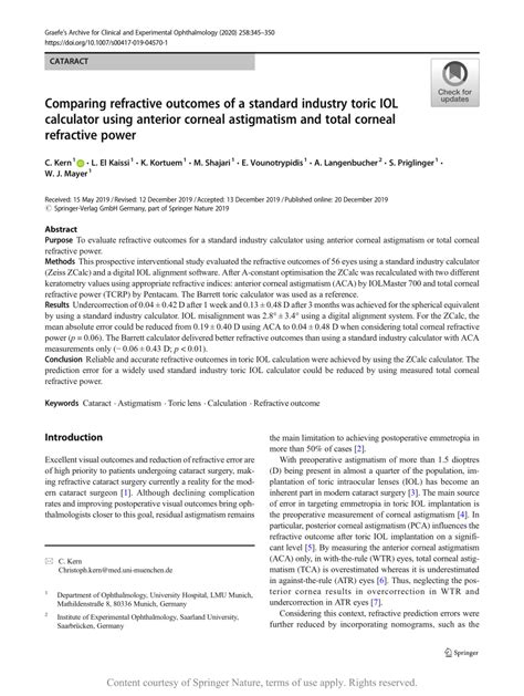 Comparing Refractive Outcomes Of A Standard Industry Toric Iol Calculator Using Anterior Corneal