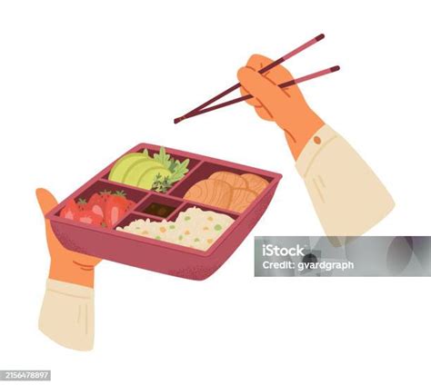 손은 도시락 상자를 들고 와 음식 벡터 일러스트 레이 션 와 백색 절연 통하고 있습니다 도시락에서 대나무 막대기로 점심을