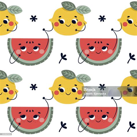 재미있는 과일 캐릭터와 벡터 원활한 패턴 수박 레몬 잎 베이비 샤워 보육원 장식 어린이 디자인에 대한 만화 일러스트 레이션 0명에 대한 스톡 벡터 아트 및 기타 이미지