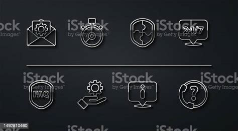라인 봉투 설정 텍스트 Faq 시계 24 시간 정보 바늘 설정 스톱워치 전화 지원 및 아이콘을 설정합니다 벡터 24에 대한 스톡 벡터 아트 및 기타 이미지 Istock