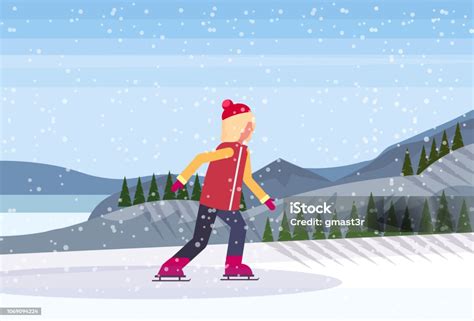 아이스 링크 겨울 스포츠 활동 설 산 전나무 나무 숲 풍경 배경 전체 길이 프로필 평면 수평 스케이팅 소녀 건강한 생활방식에 대한 스톡 벡터 아트 및 기타 이미지 Istock