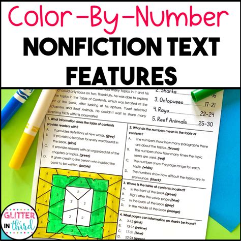 Nonfiction Text Features Color By Number Worksheets Glitter In Third