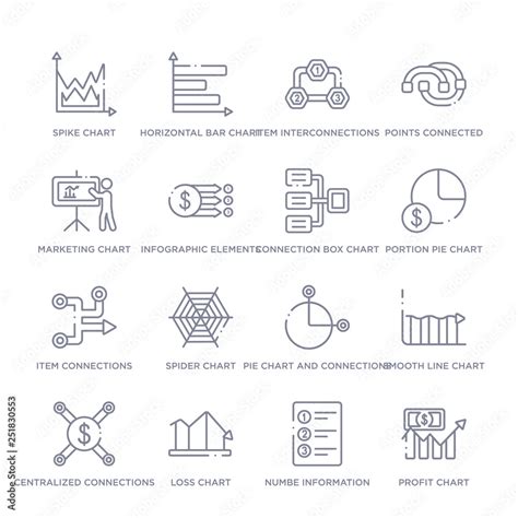 Set Of 16 Thin Linear Icons Such As Profit Chart Numbe Information Loss Chart Centralized