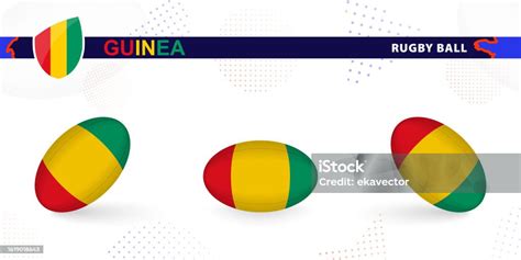 럭비 공은 추상적인 배경에 다양한 각도로 기니의 국기와 함께 설정된다 기에 대한 스톡 벡터 아트 및 기타 이미지 기 벡터